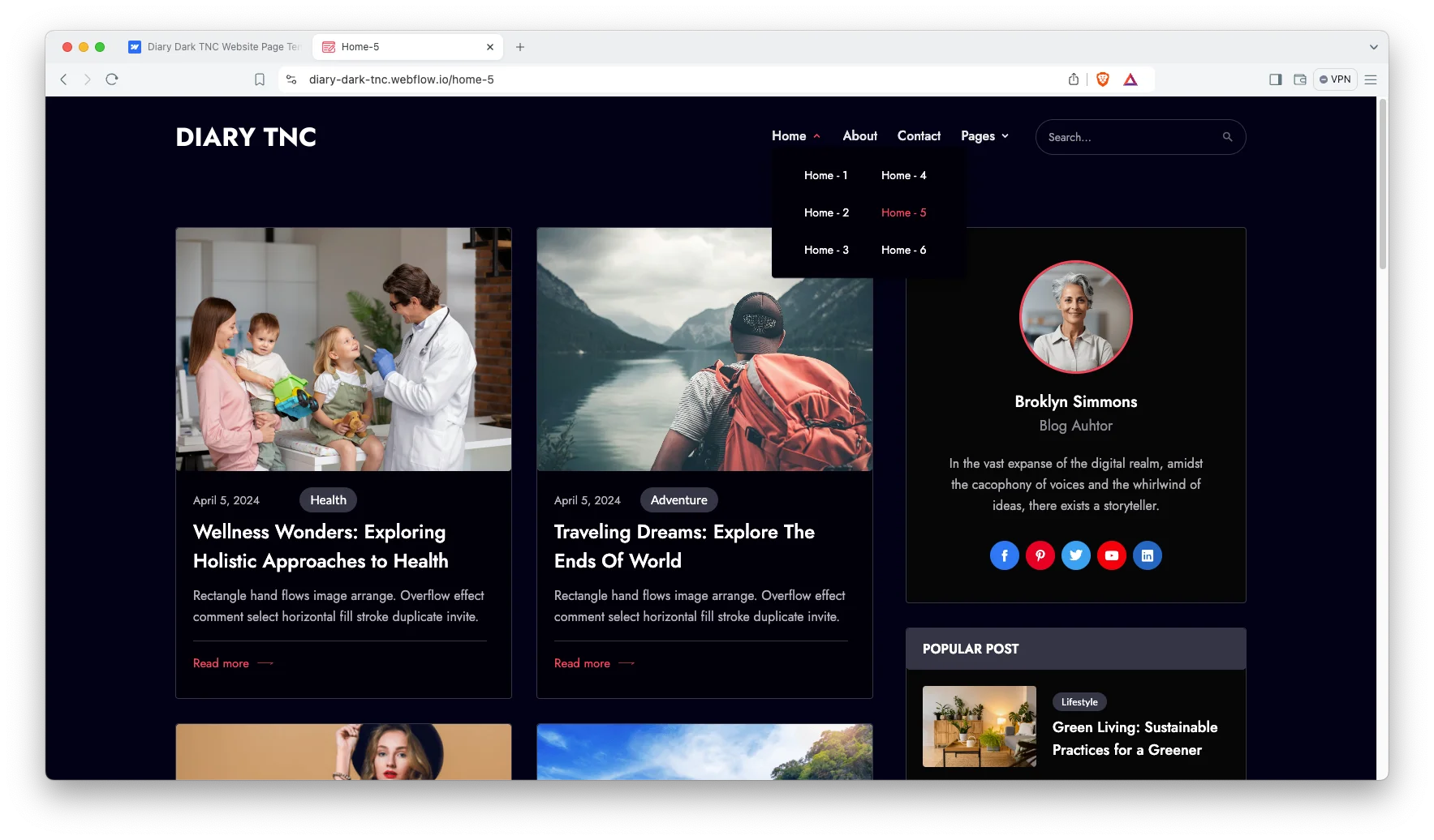 Diary Dark TNC - New Webflow Blog Template - ThemeNcode LLC